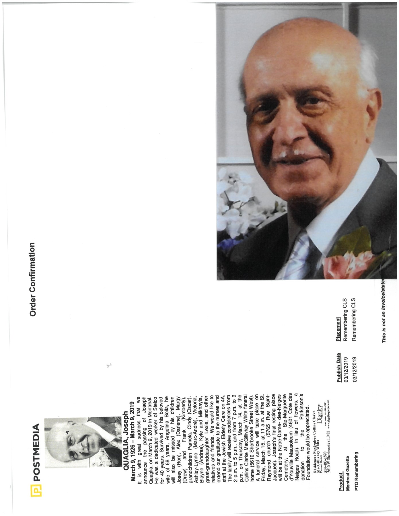 Joseph Quaglia Obituary - Montreal, QC